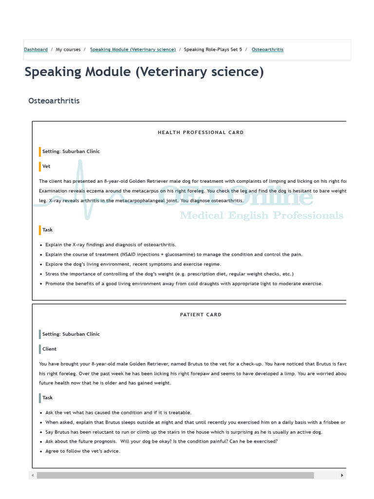 Speaking Module (Veterinary Science) - Osteoarthritis1 | PDF | Self ...
