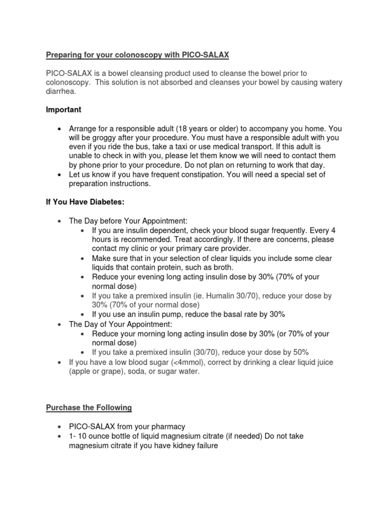 Colonoscopy Prep Instructions With Pico Salax | PDF