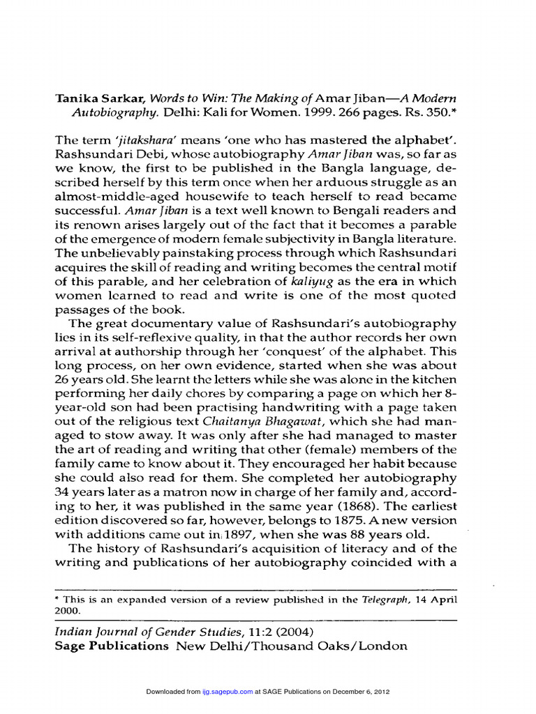 Bhattacharya 2004 Book Reviews Tanika Sarkar Words To Win The Making of ...