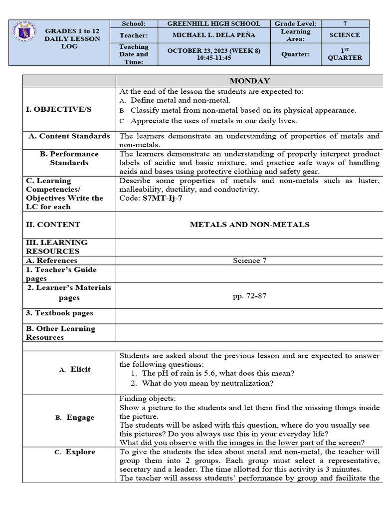 GRADES 1 To 12 Daily Lesson LOG School: Grade Level: Teacher: Learning Area: Teaching Date and ...