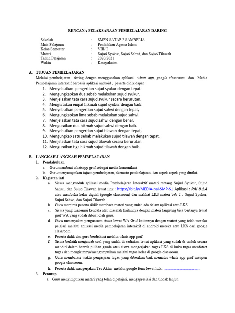 RPP Kelas 8 Bab 4 Daring Acc | PDF