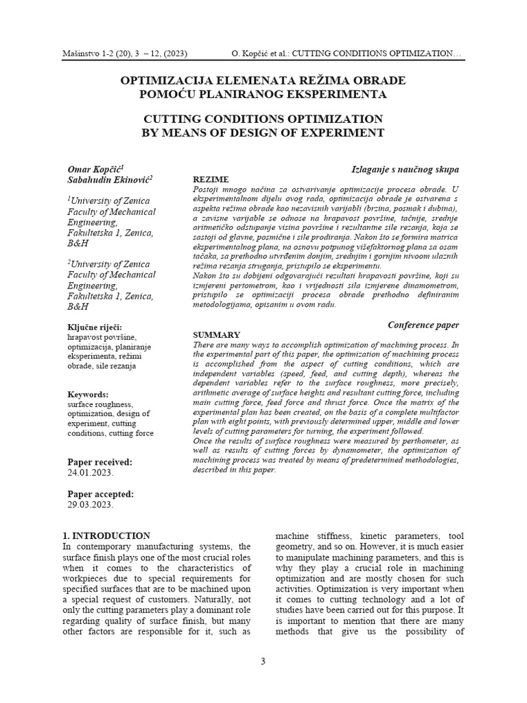 Optimizacija Elemenata Rezima Obrade Pomocu Planiranog Eksperimenta Kopcic O. Ekinovic S. | PDF ...