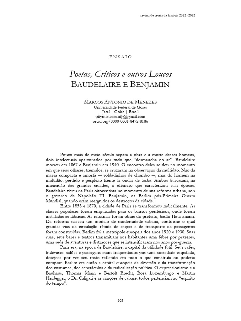 14.ensaio - Marcos de Menezes - Baudelaire e Benjamin | PDF | Charles Baudelaire | Modernidade