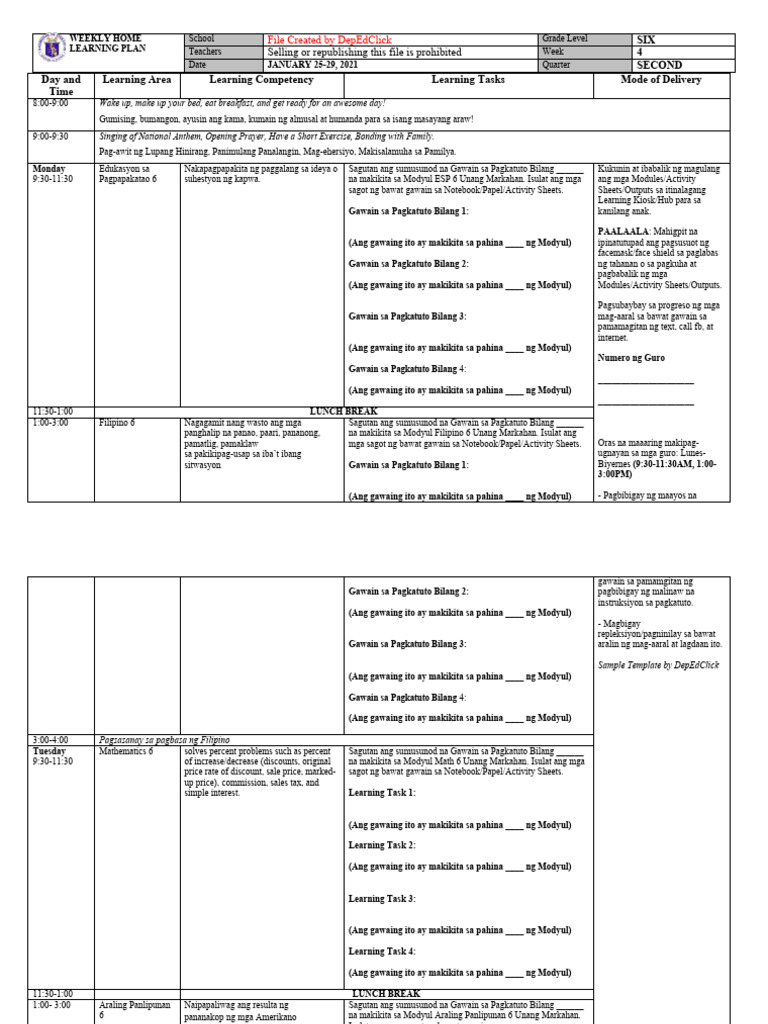 Grade 6 Weekly Home Learning Plan | PDF