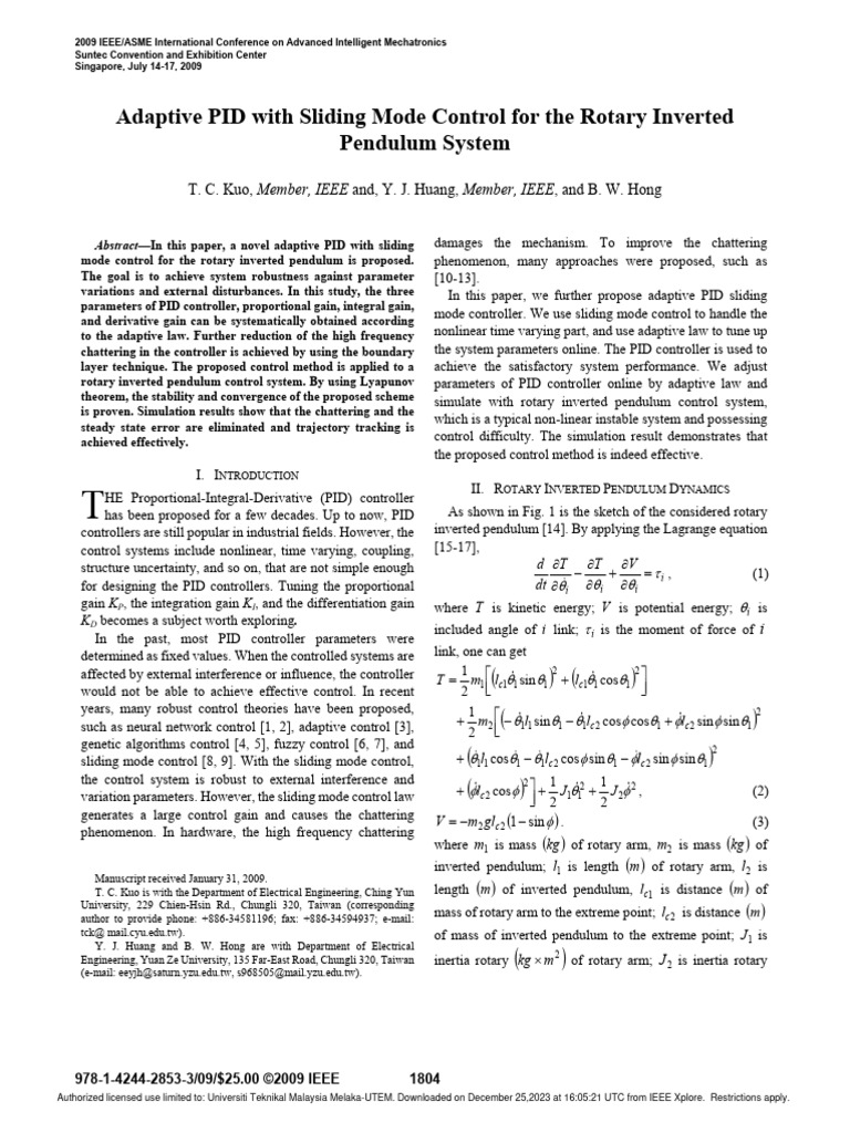 Adaptive PID With Sliding Mode Control For The Rotary Inverted Pendulum ...