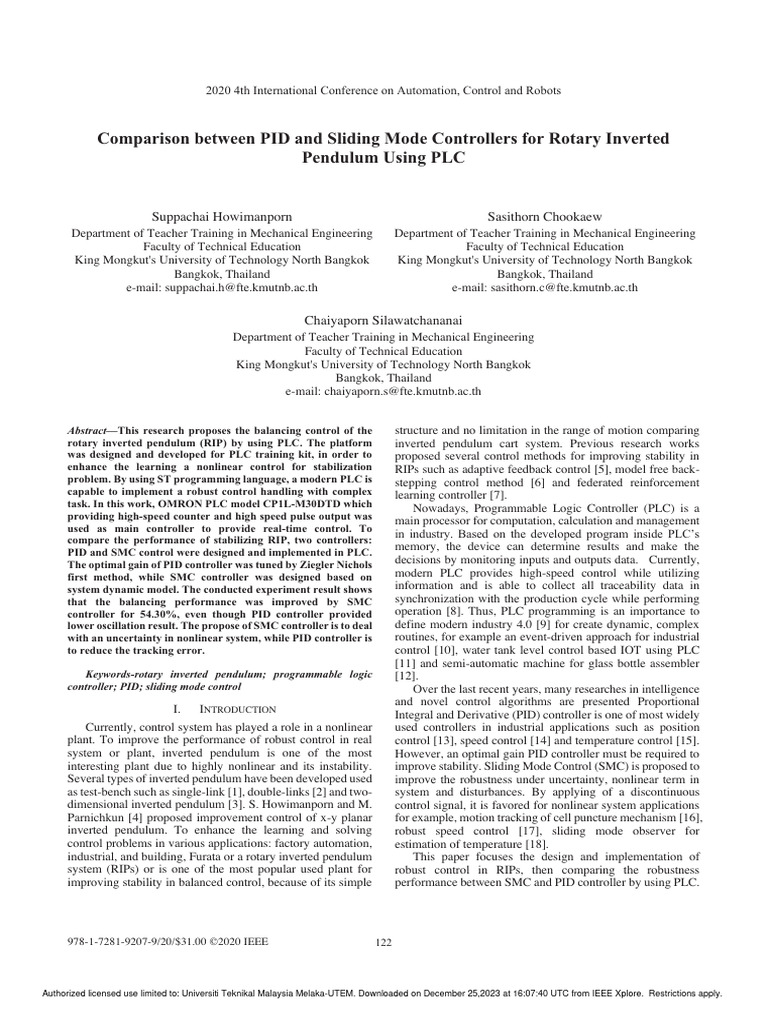 Comparison Between PID and Sliding Mode Controllers For Rotary Inverted ...