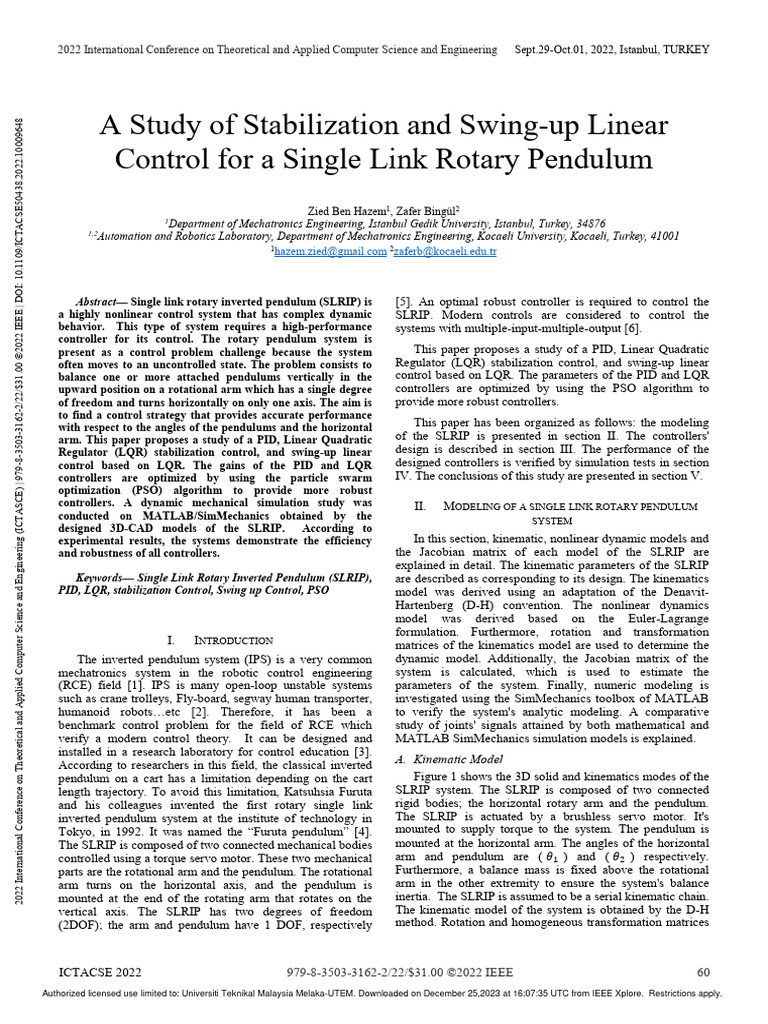 A Study of Stabilization and Swing-Up Linear Control For A Single Link Rotary Pendulum | PDF ...