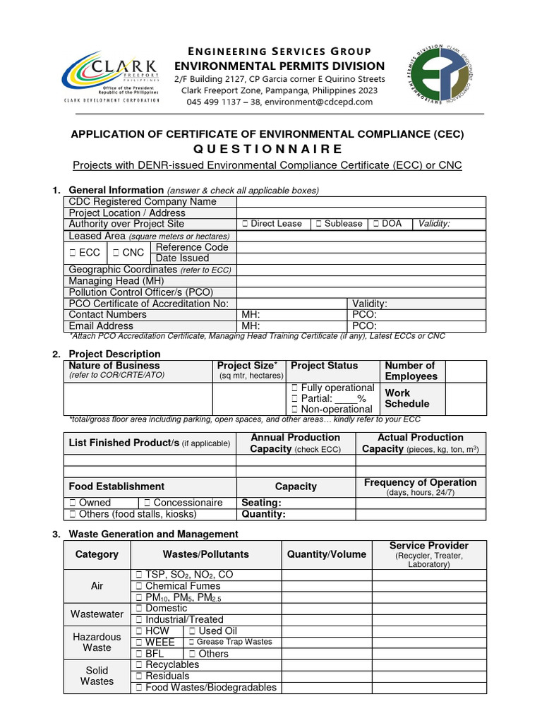 EPD Form 17 CEC Application Form For ECC & CNC Companies - 02.15.2023 | PDF | Waste | Sewage ...