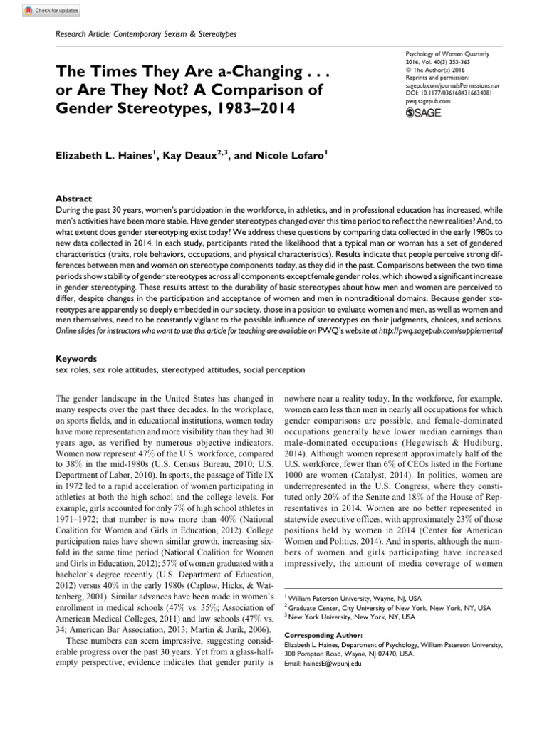 Haines 2016 Gender Stereotypes Changing | PDF | Stereotypes | Gender Role