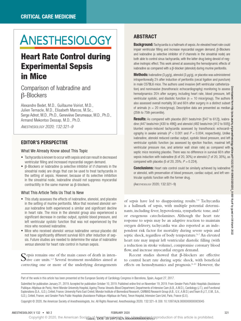 Heart Rate Control during Experimental Sepsis in Mice: Comparison of Ivabradine and β-Blockers ...