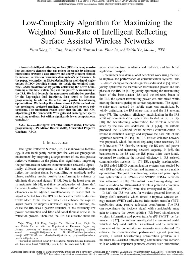 Low-Complexity Algorithm For Maximizing The Weighted Sum-Rate of Intelligent Reflecting Surface ...