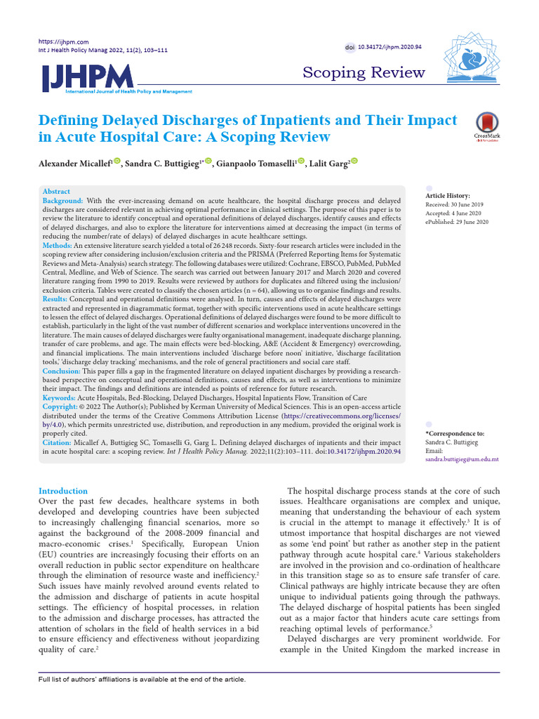 Defining Delayed Discharges of Inpatients and Their Impact in Acute Hospital Care A Scoping ...