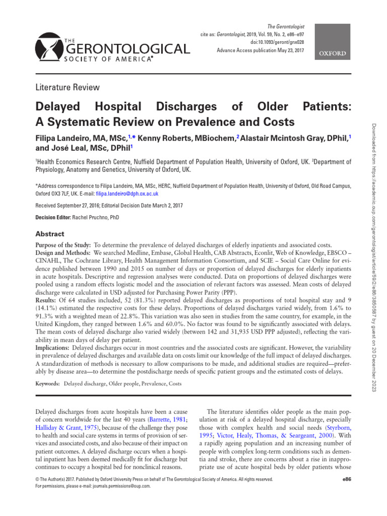 Delayed Hospital Discharges of Older Patients A Systematic Review On ...