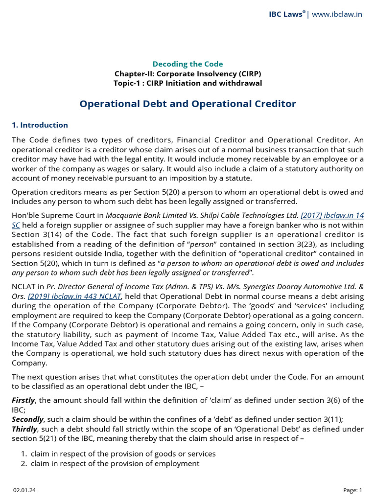 Operational Debt and Operational Creditor | PDF | Finance & Money ...