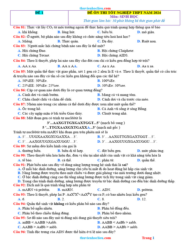 10 de On Thi TN THPT Mon Sinh 2024 | PDF