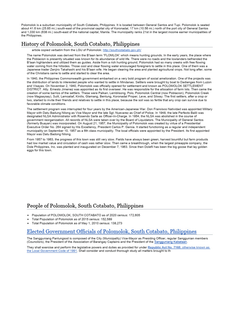 Polomolok is a suburban municipality of South Cotabato | PDF