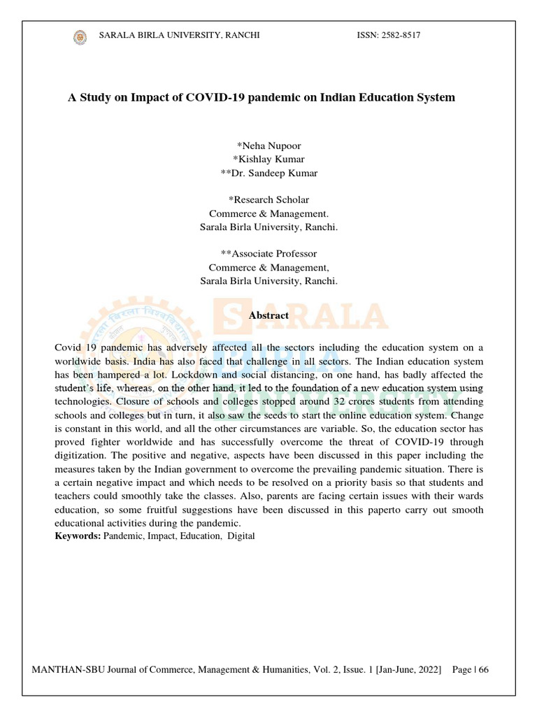A Study On Imapct of Covid 19 On Indian Education System - Neha Nupoor, Kaishlay Kumar & Dr ...