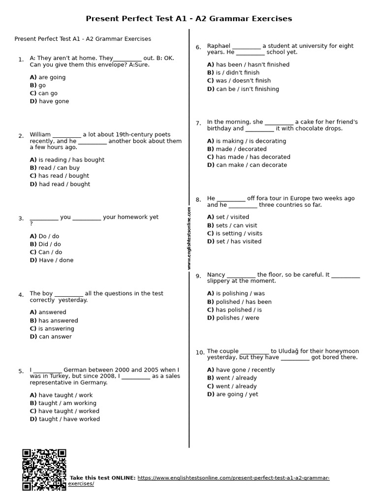 Present Perfect A1-A2 Test Exercises | PDF