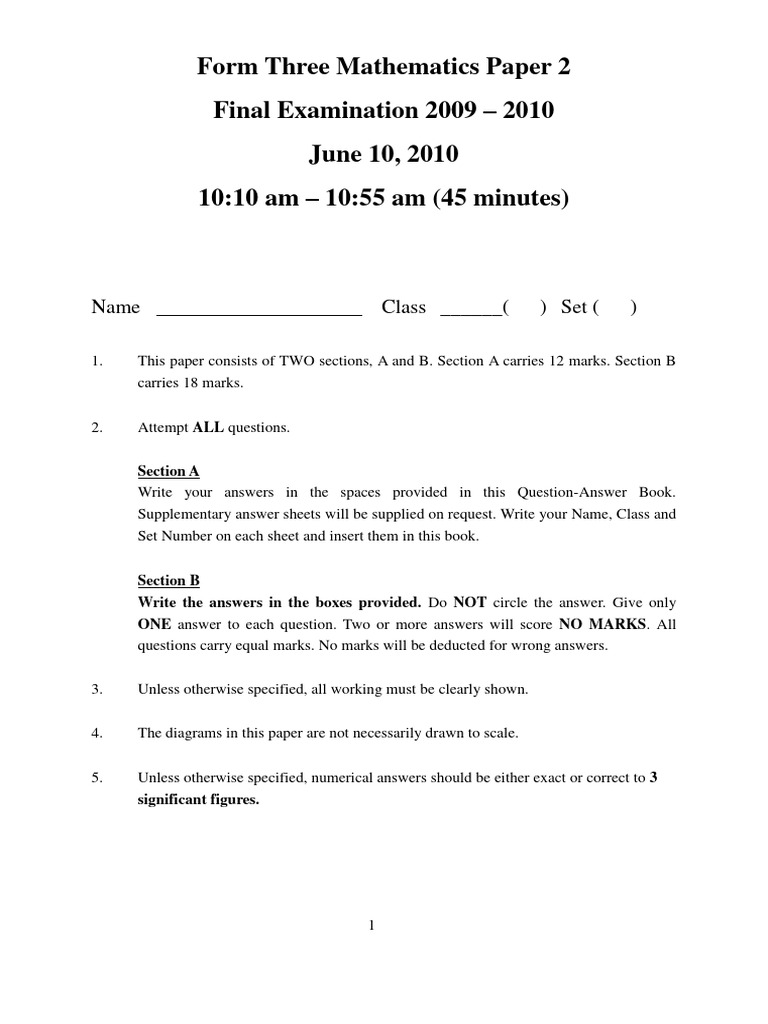 SPCC F3 Math 2009-2010 2nd Term Exam Paper II | PDF