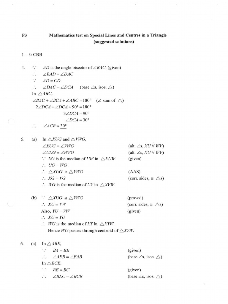 (Test) SPCC F3 2018 - 2019 Math Test (Centers of Triangles) Sol | PDF
