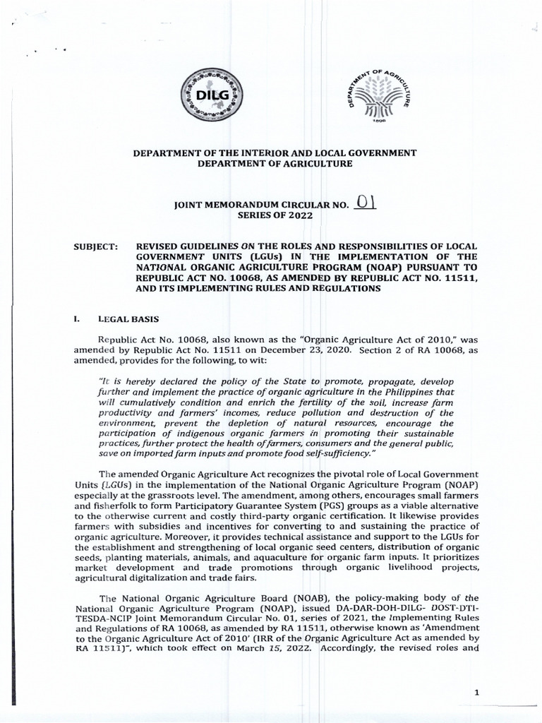 Joint Memorandum Circular 01 S. 2022 DA and DILG | PDF