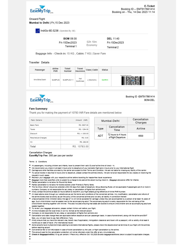 Mumbai-Delhi Flight Booking Details | PDF