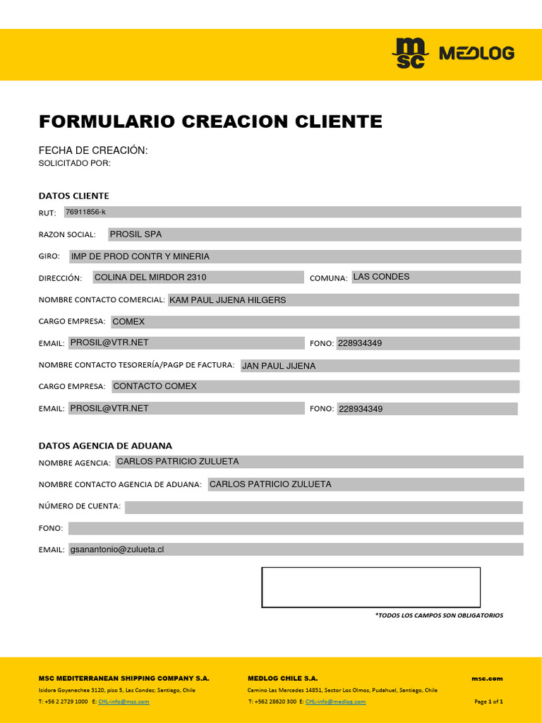 Formulario Cliente MSC y Medlog Chile | PDF