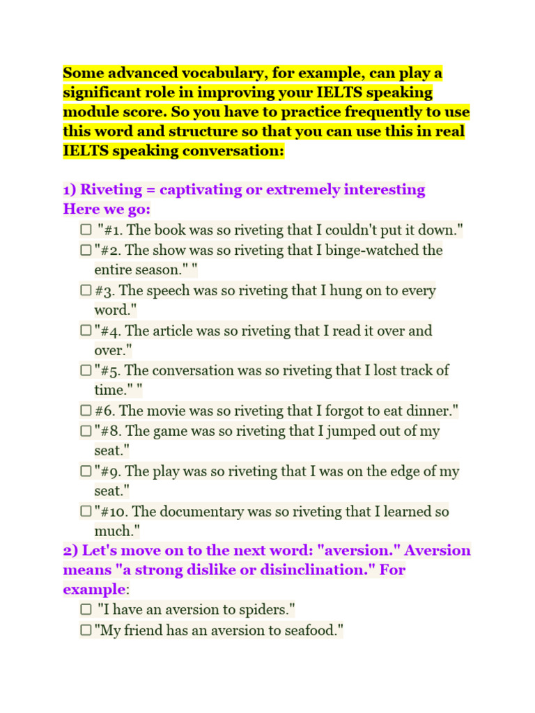 Advance Vocabulary Practice With Example For IELTS Speaking | PDF ...