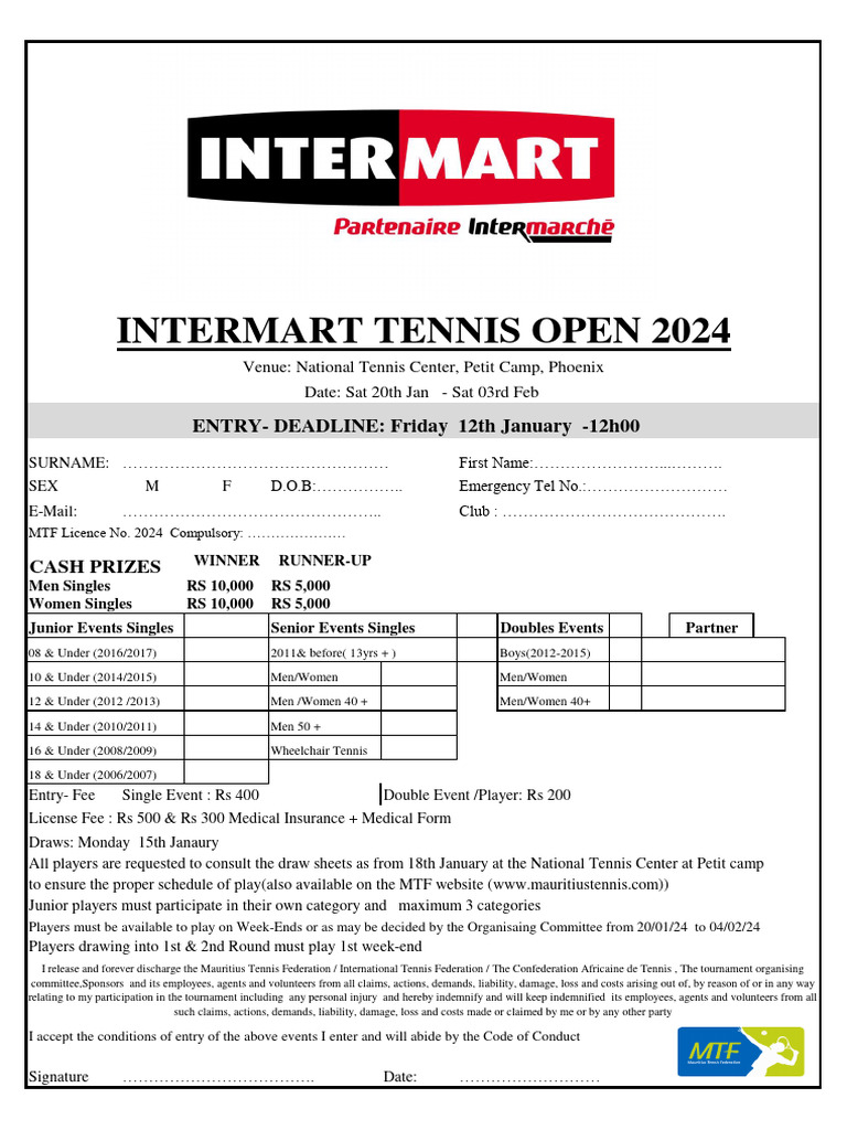 Intermart Tennis Open 2024 Entry Form | PDF | Sports & Recreation
