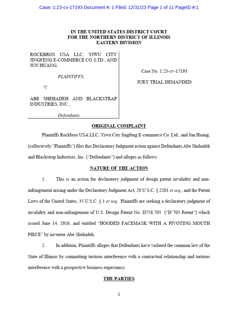 Rockbros v. Shehadeh - Complaint | PDF | Prior Art | Declaratory Judgment