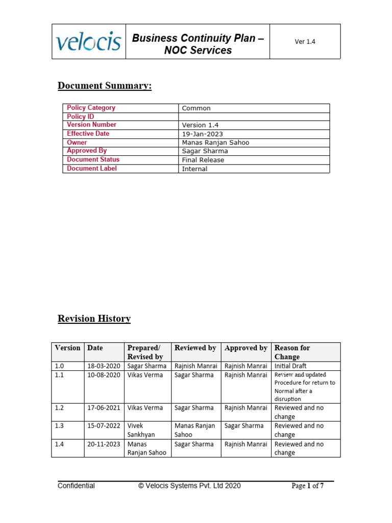 Business Continuity Plan For NOC Services V 1.4 | PDF | Computing ...