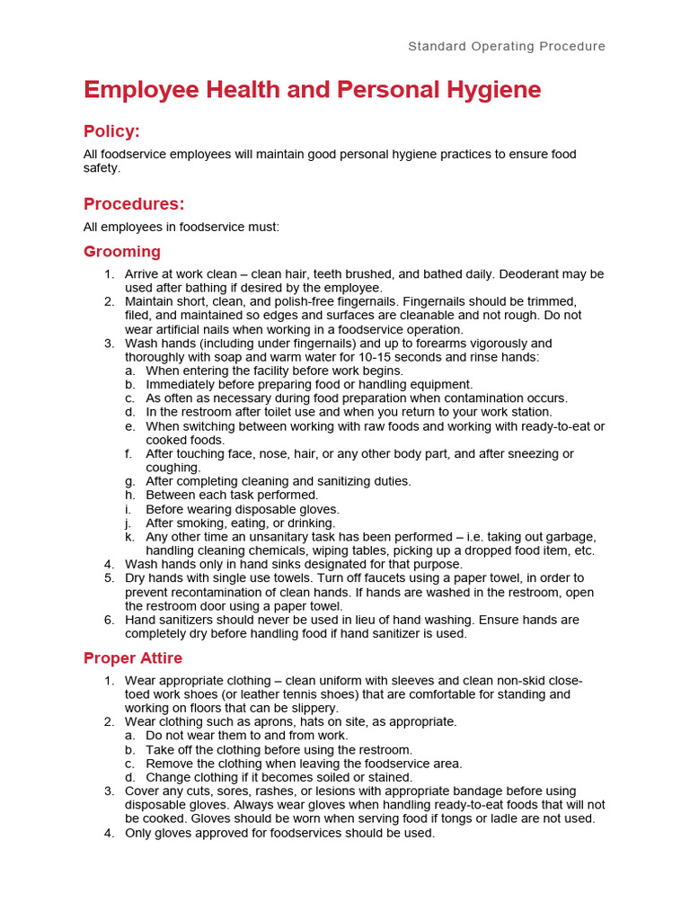 Employee Health and Personal Hygiene SOP | PDF | Wellness