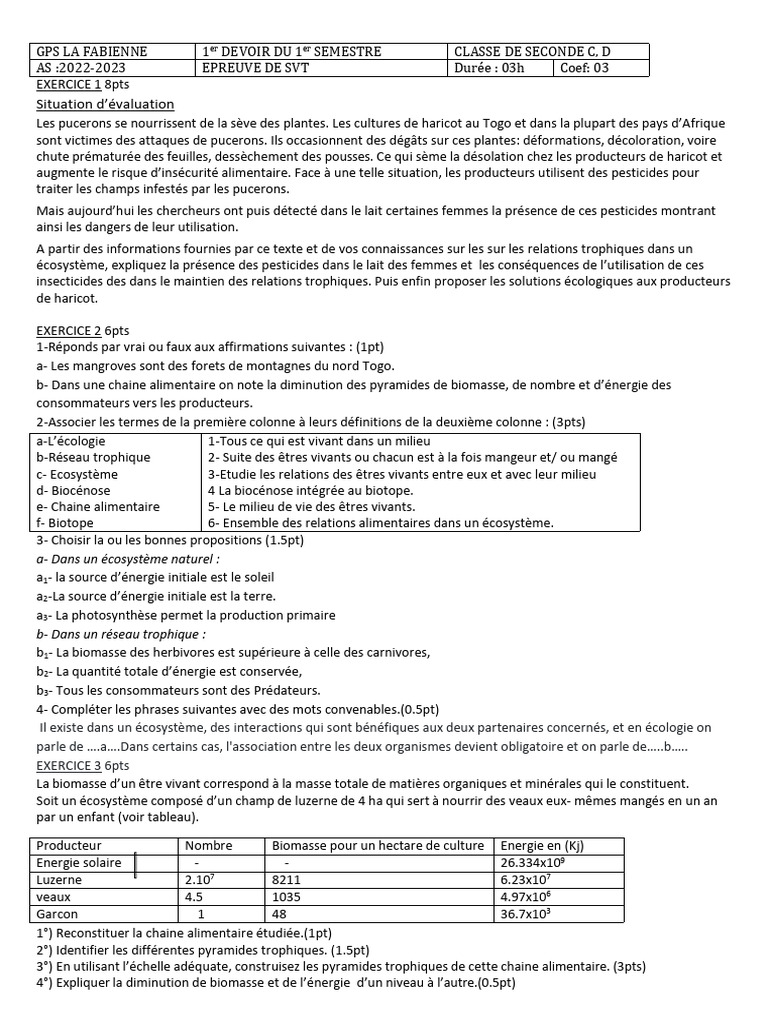 Épreuve de SVT Seconde C: Devoir 1 | PDF