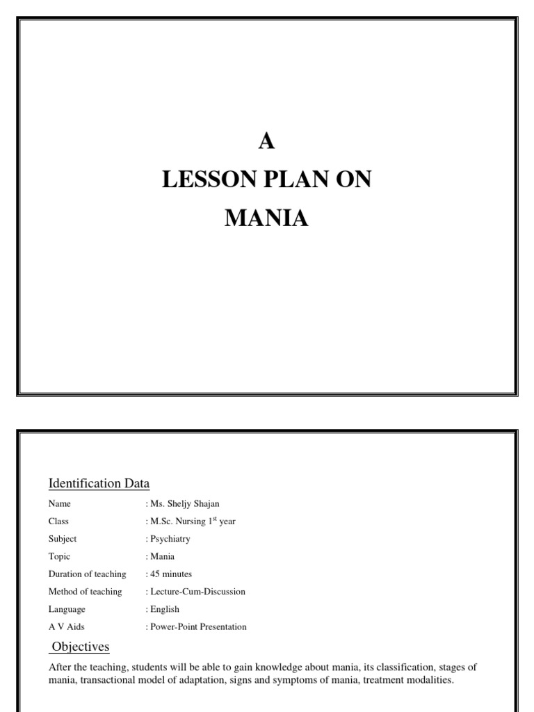 Lesson Plan On Mania | PDF | Mania | Bipolar Disorder