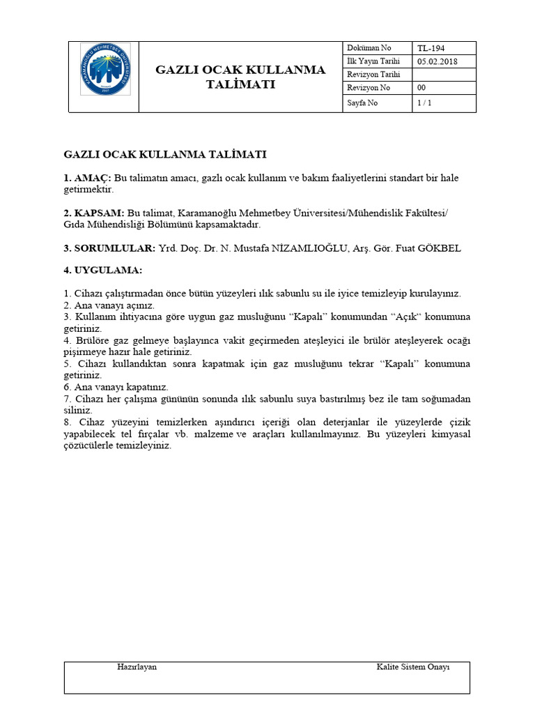 TL 194 Gazli Ocak Talimatı | PDF