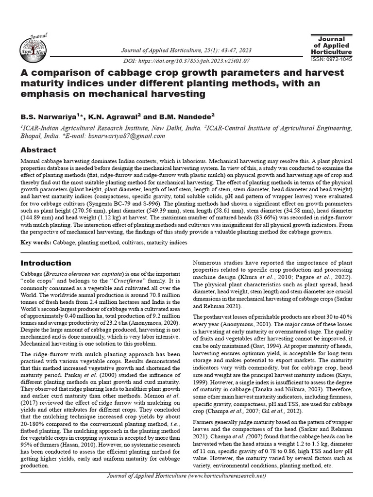 A Comparison of Cabbage Crop Growth Parameters and Harvest Maturity ...