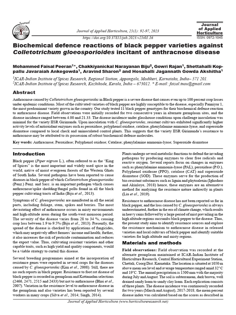 Biochemical Defence Reactions of Black Pepper Varieties Against Colletotrichum Gloeosporioides ...