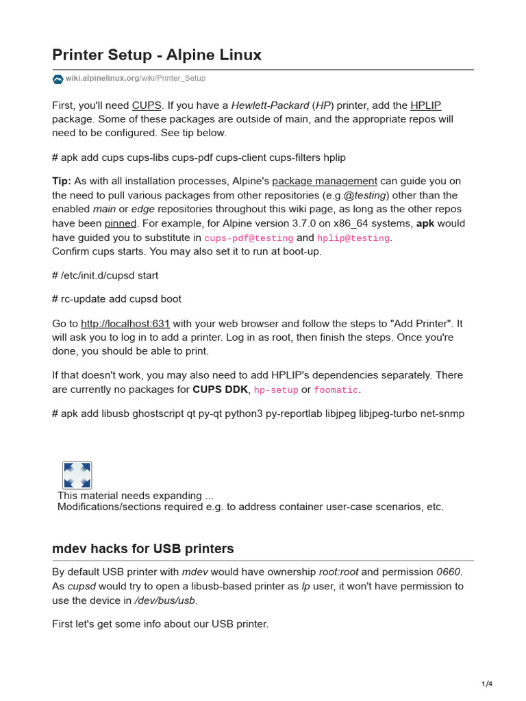 Printer Setup - Alpine Linux | PDF