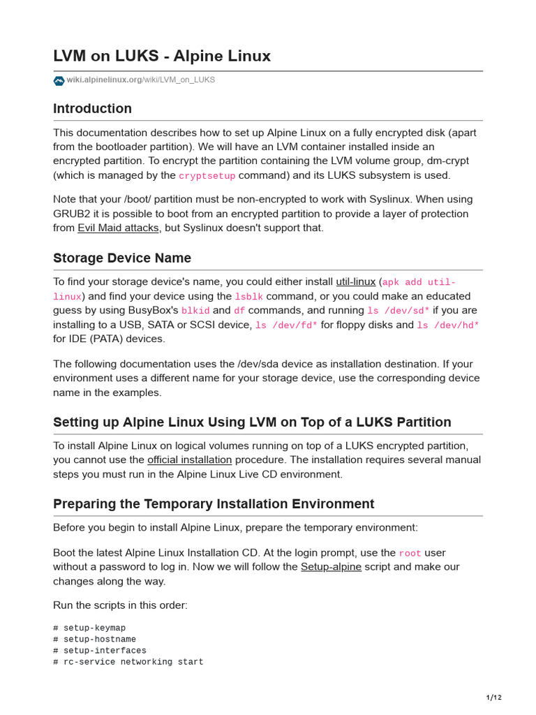 Alpine Linux: LVM on LUKS Setup Guide | PDF | Booting | Computer Architecture