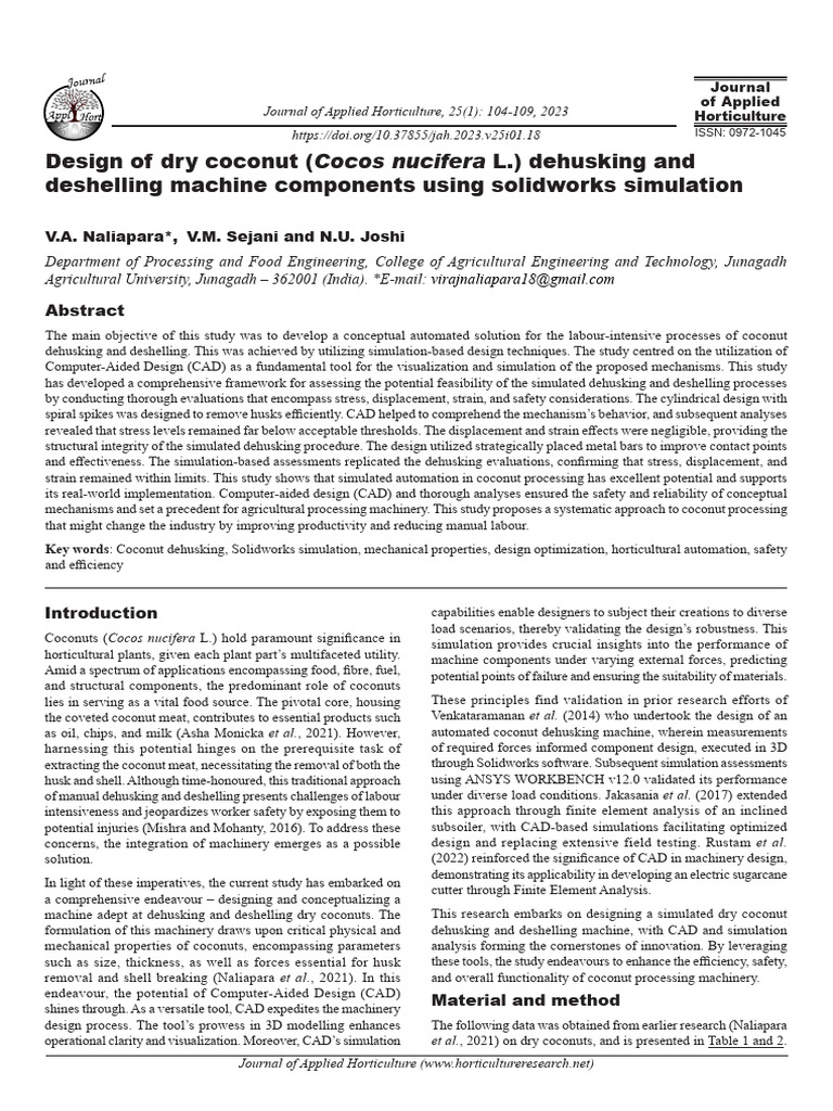 Design of dry coconut dehusking and deshelling machine components using solidworks simulation ...