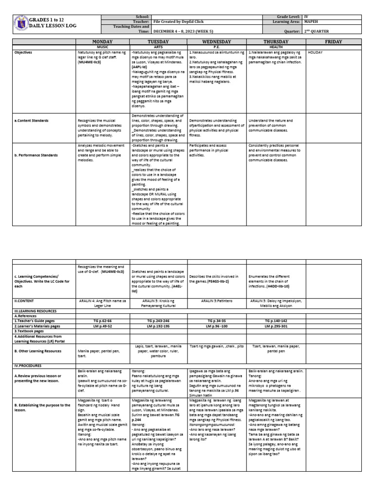 DLL - Mapeh 4 - Q2 - W5 | PDF