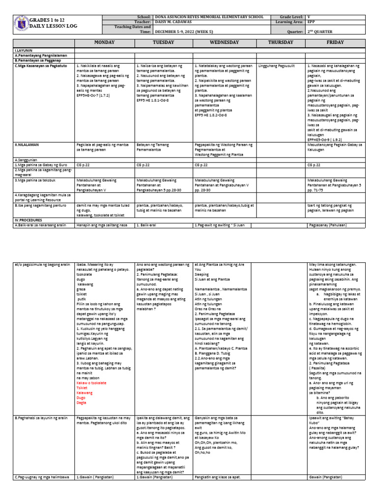 DLL - Epp 5 - Q2 - W5 | PDF
