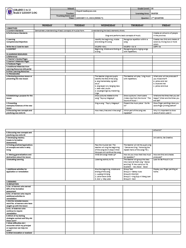 DLL - Mapeh 3 - Q2 - W7 | PDF