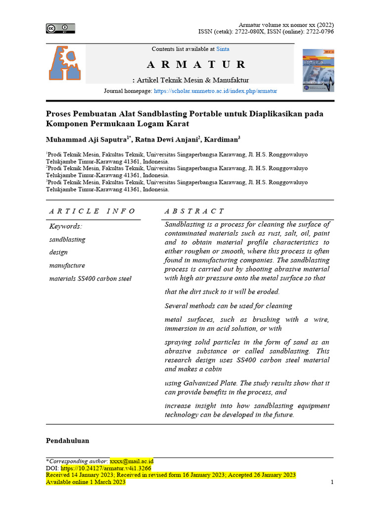 Jurnal Muhammad Aji Saputra Proses Pembuatan Alat Sandblasting Portable Untuk Diplikasikan Pada ...