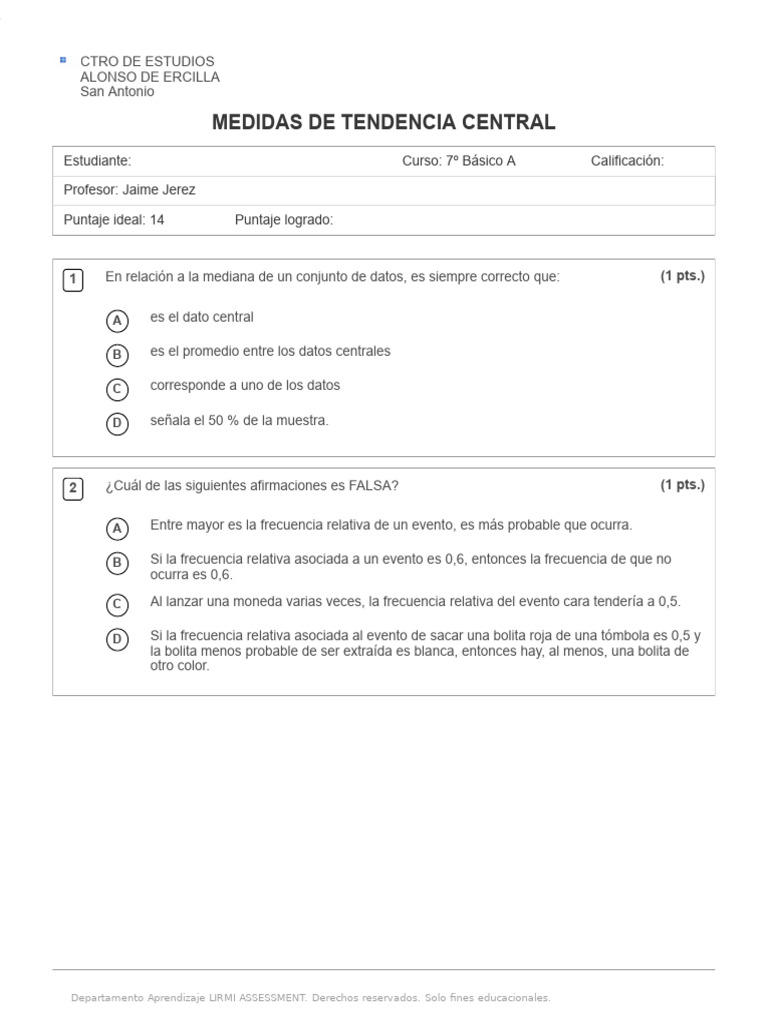 Evaluacion Medidas de Tendencia Central | PDF