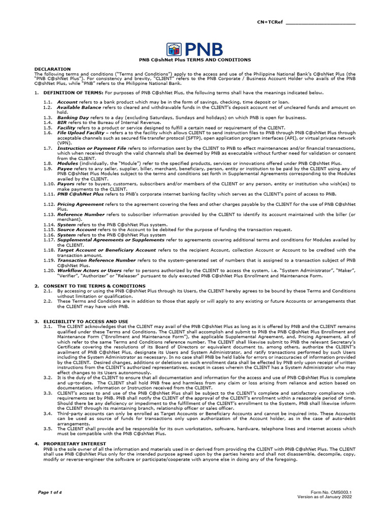 PNB Cashnet Plus Terms and Conditions. updated | PDF