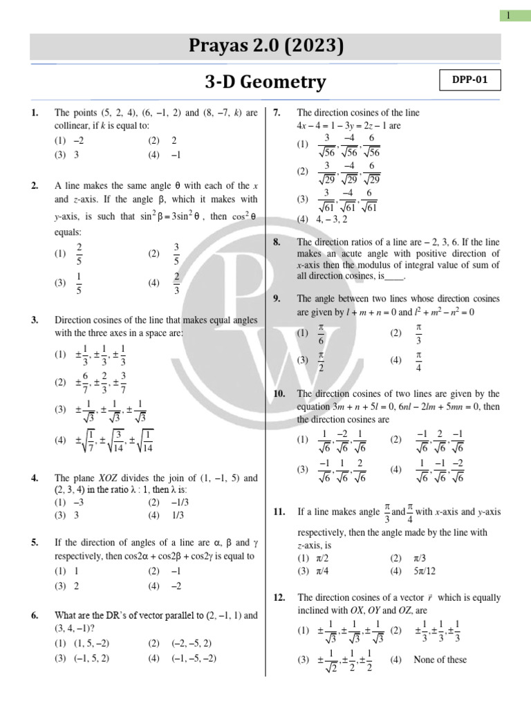 3D Geometry - DPP 01 (Lec 02) - (Prayas 2.0 2023 PW Star) | PDF | Angle ...