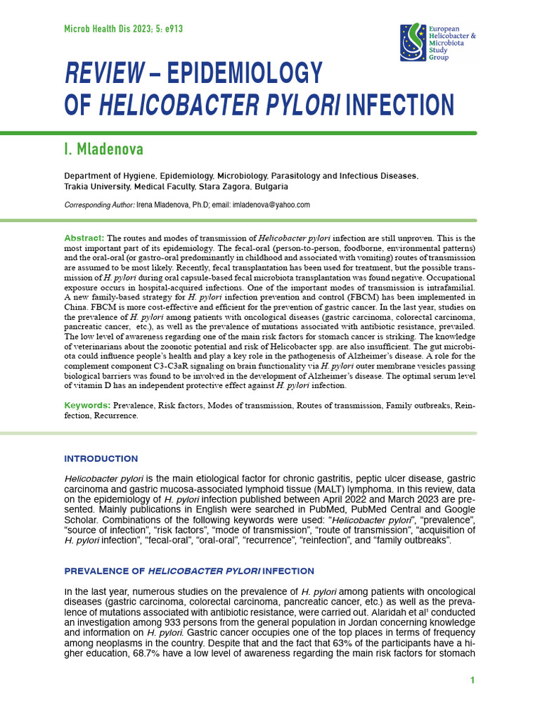 Of Helicobacter Pylori Infection: Review - Epidemiology | PDF