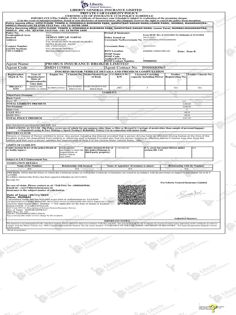 Paytm Insurance Motor Policy Details | PDF | Insurance | Business Law