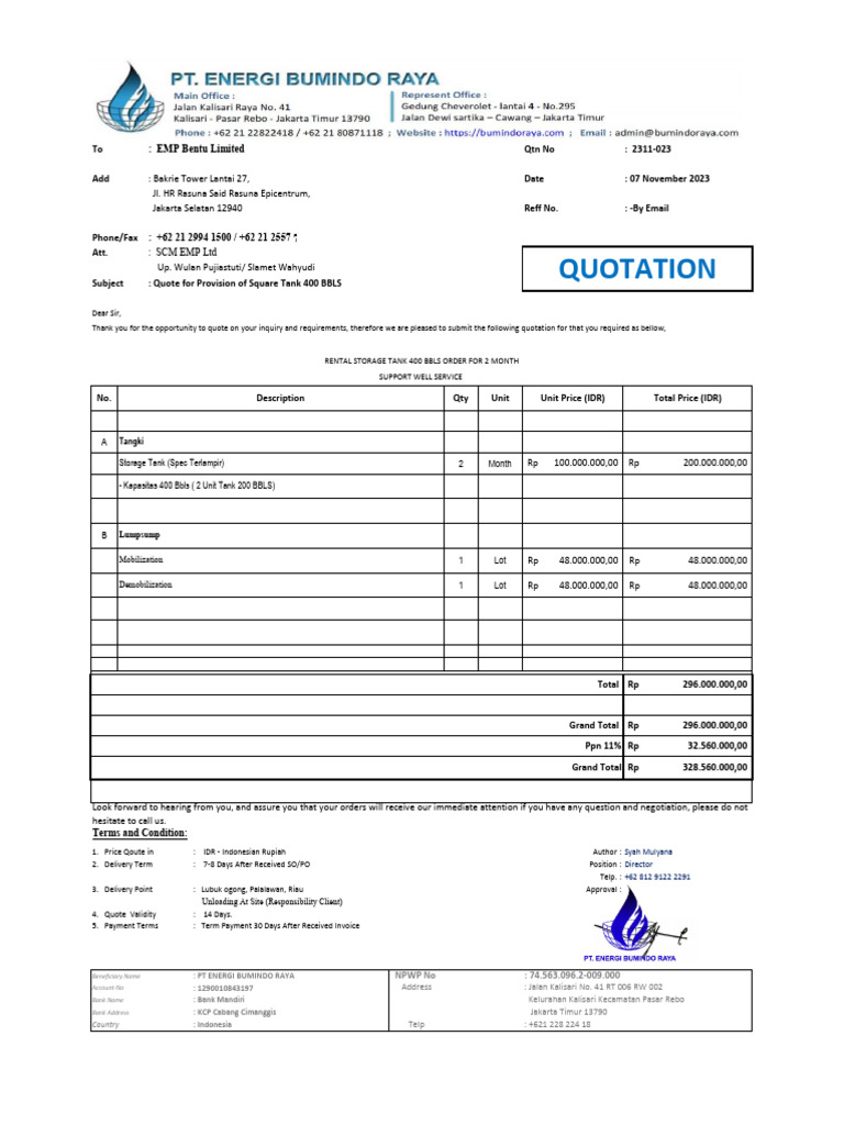 QUOTATION EBR - EMP (Storage Tank 400 BBLS) - 2023 | PDF